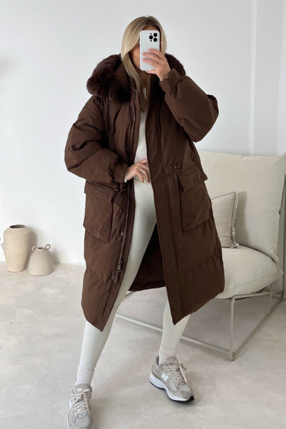 Myla | Chocolate Long Puffer Coat With Faux Fur Hood